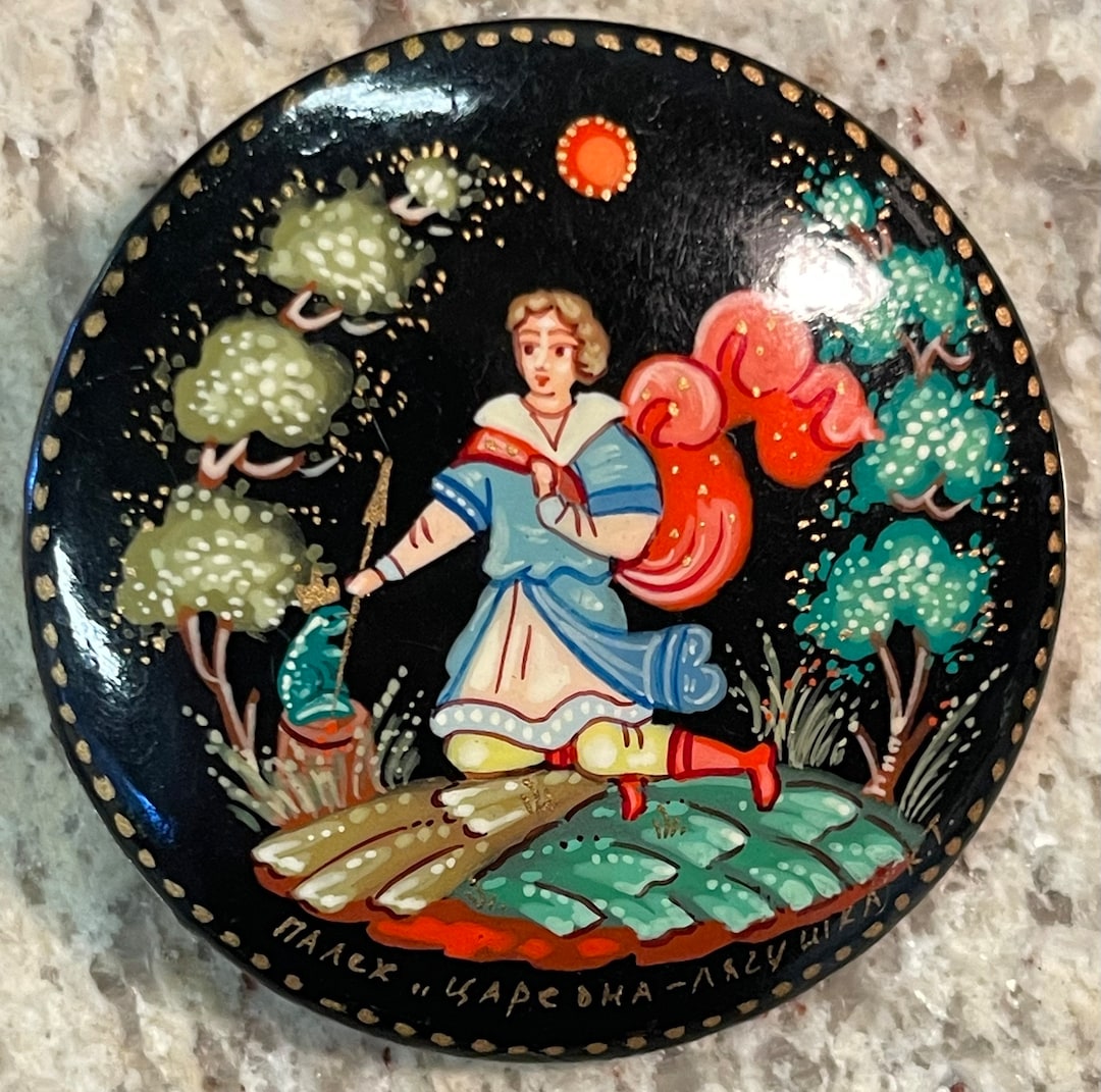 Vintage Hand Painted Russian Black Lacquer Folk Art Brooch Pin Signed ...