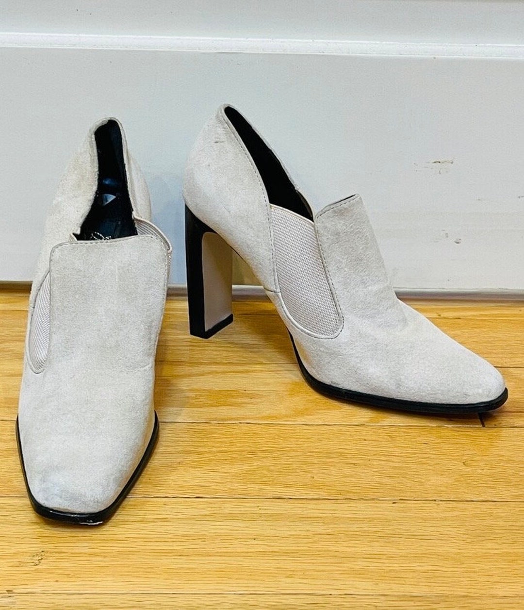 80s Bijou White-beige Suede Leather Shooties Shoe-booties Narrow Block ...