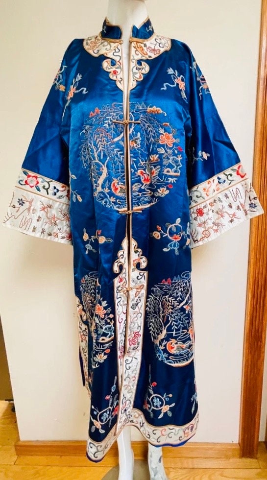 Antique 1920s Blue Chinese Satin Silk Hand Embroidered Robe Hand ...