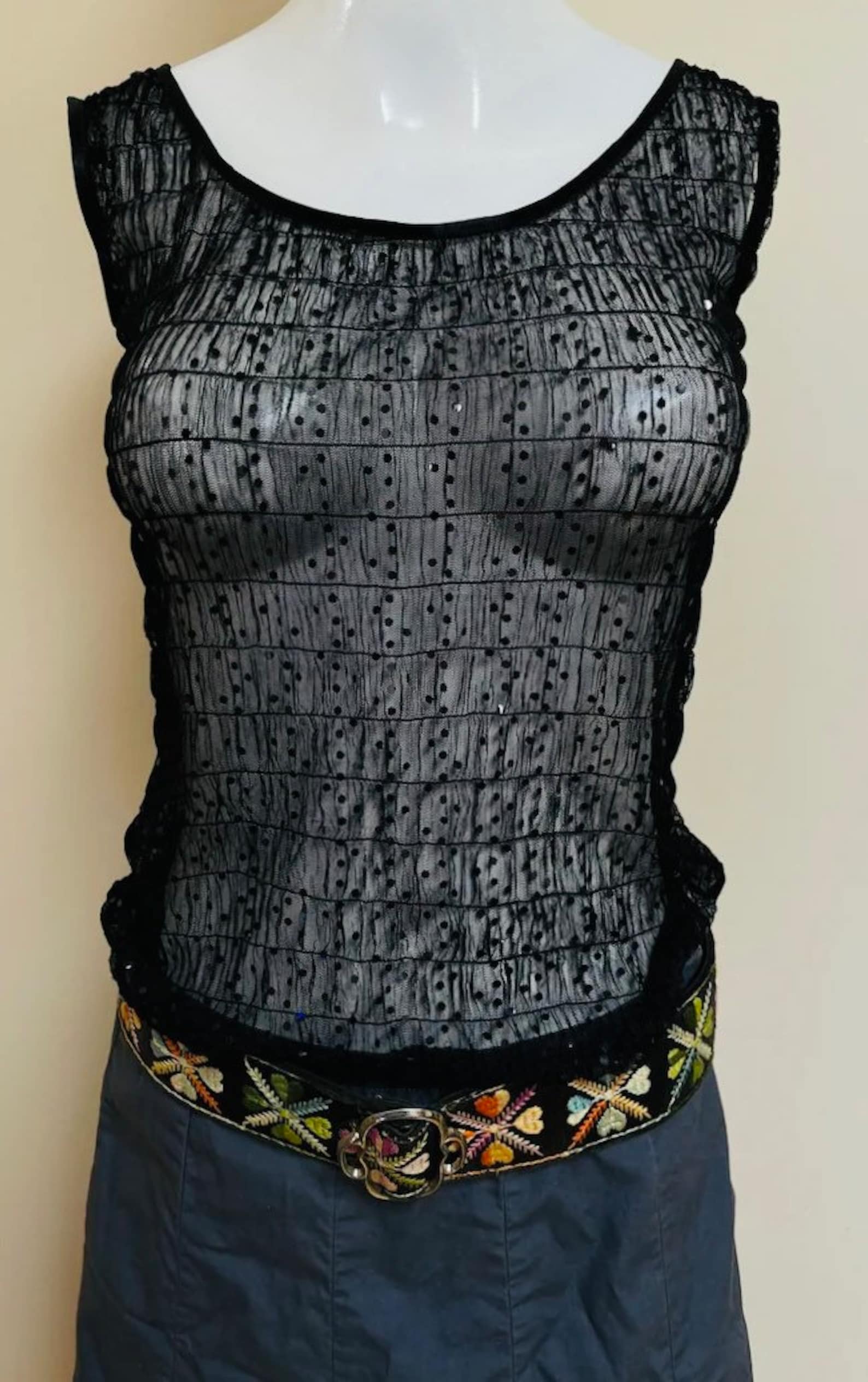 Mesh & Sequins Sheer Net Netting Pullover Top Sleeveless Top Wide Scoop ...