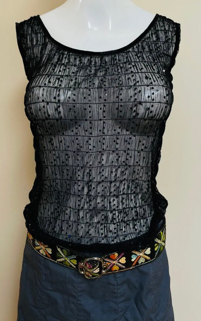 Mesh & Sequins Sheer Net Netting Pullover Top Sleeveless Top Wide Scoop ...