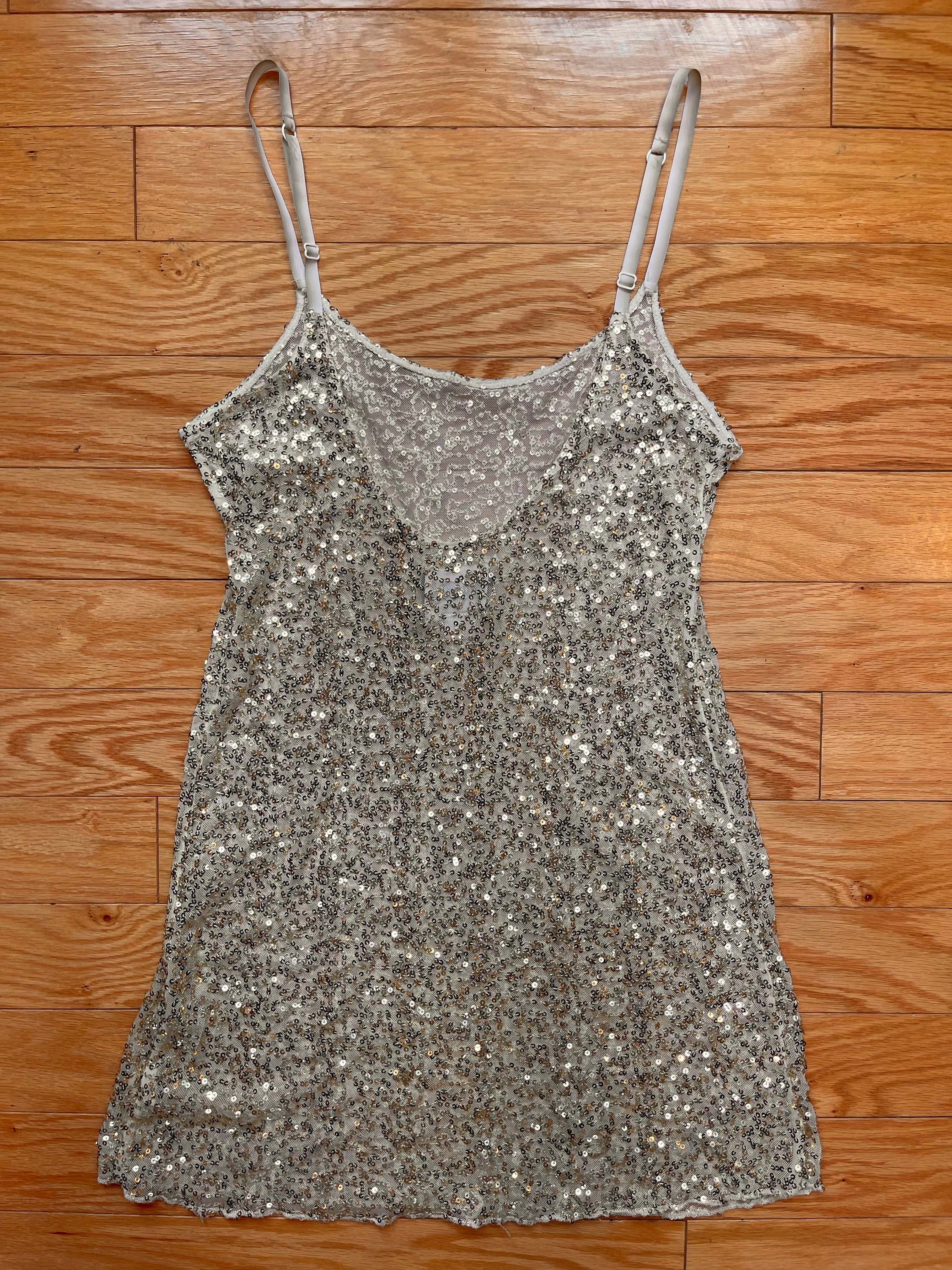 70s Super Sparkly Slip Dress Stretchy Gold Sequins & Embroidery Mini ...