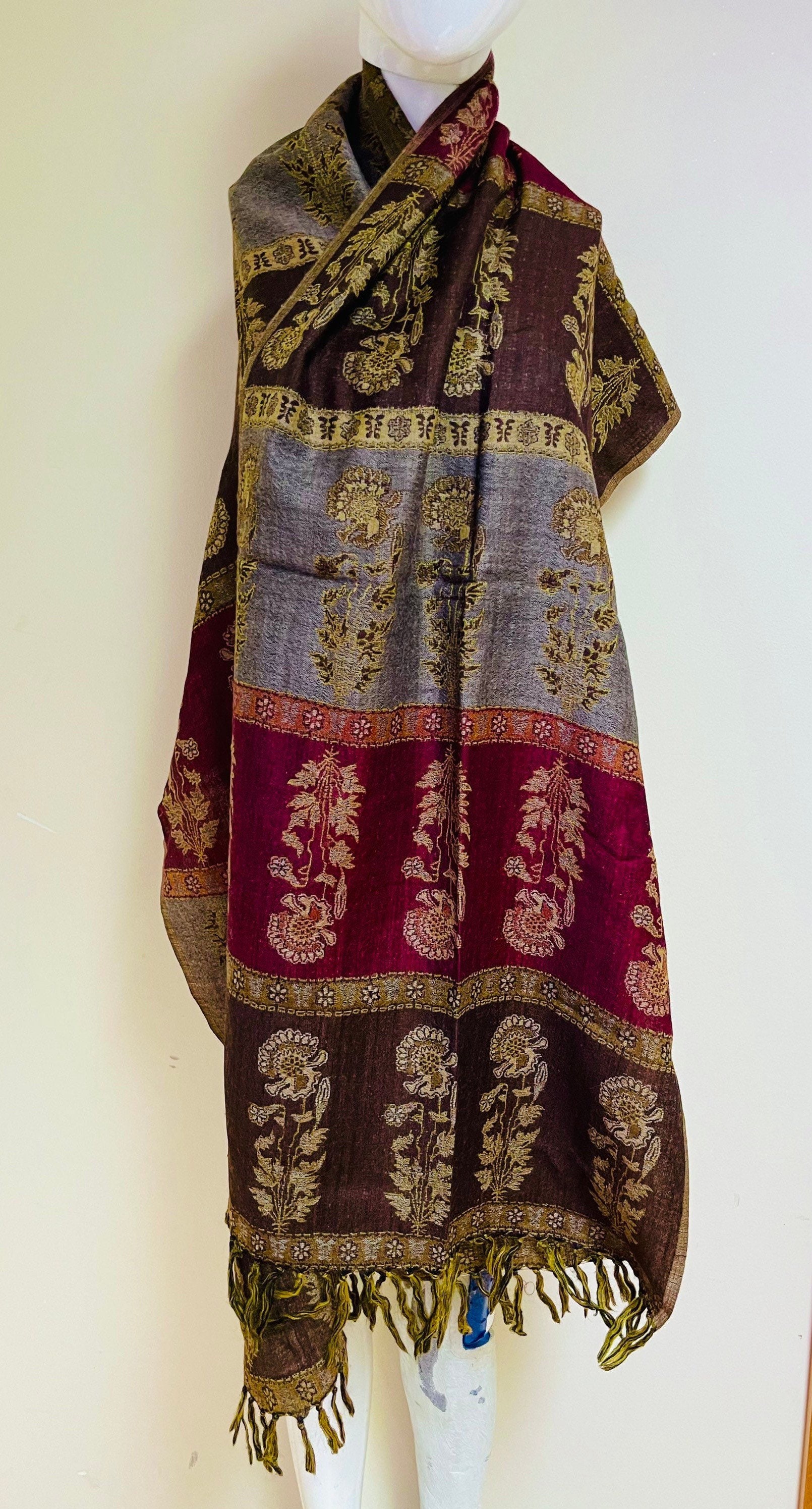 Antique Wool Shawl Floral Woven Pattern Beautiful Muted Tones Short ...
