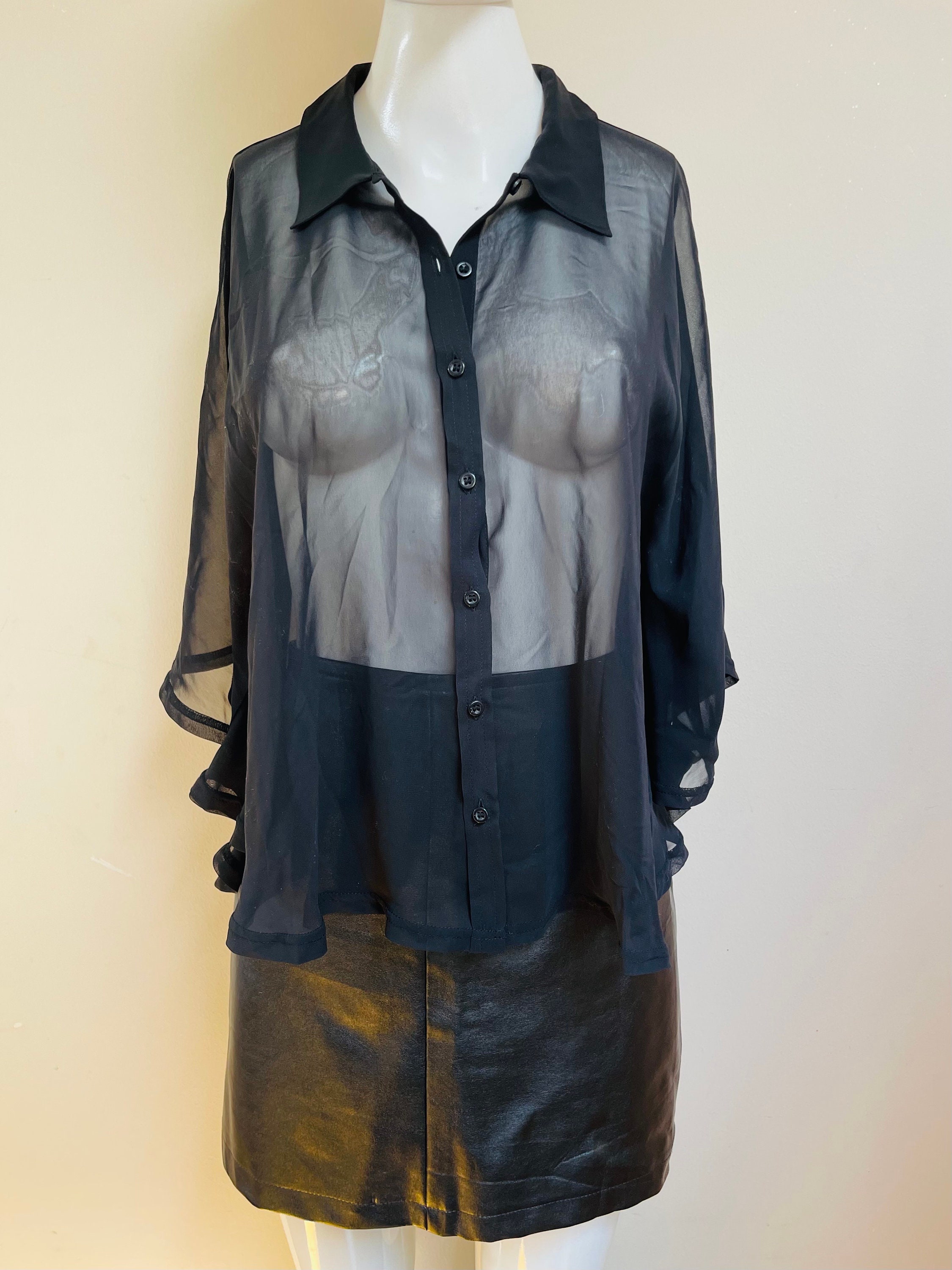 Schöne Y2K Transparent Sheer Fließende Cape Bluse Schwarz Durchsichtig ...