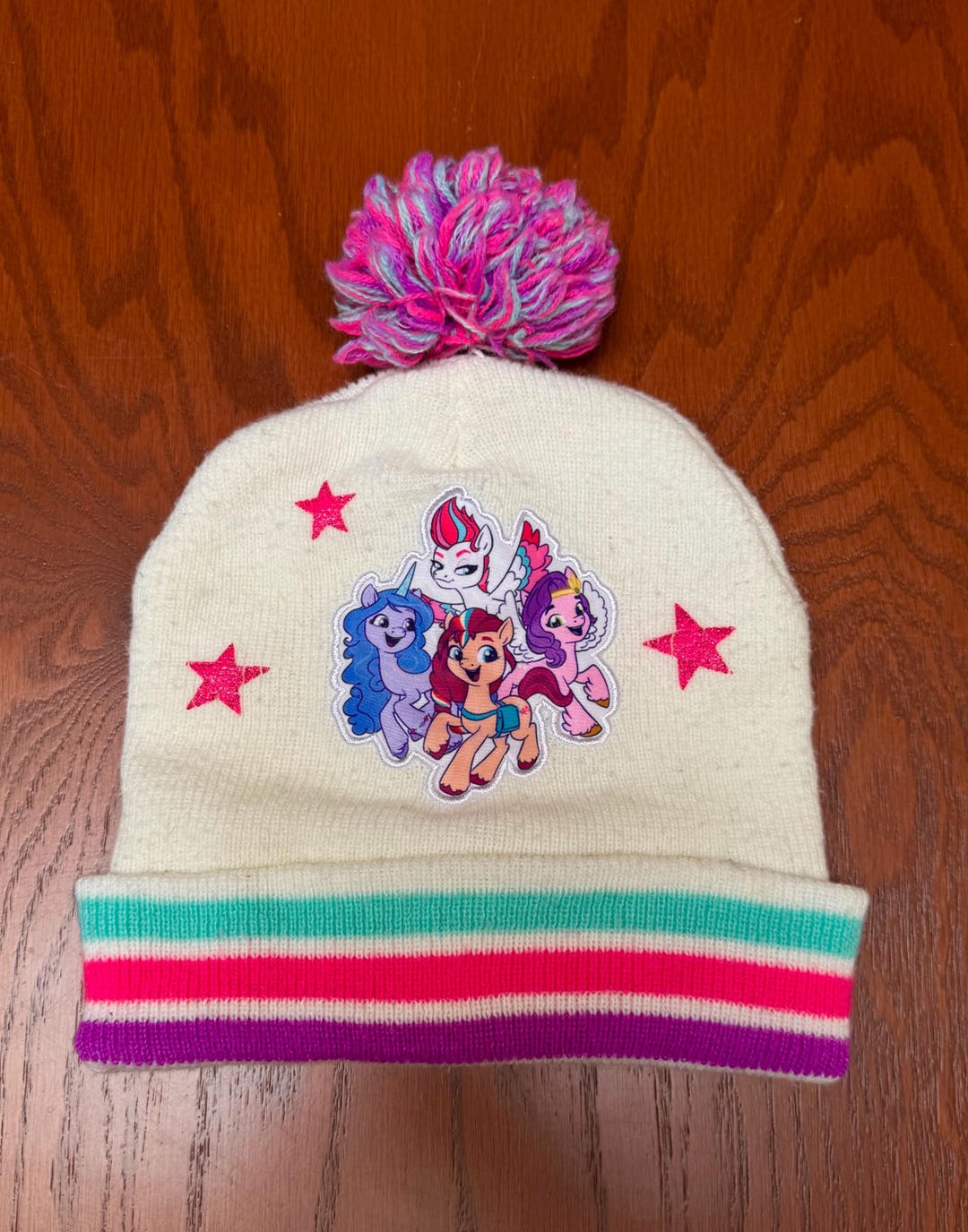 Y2K My Little Pony Hat Top Pompom Front Patches Rainbow Colors Stretchy ...