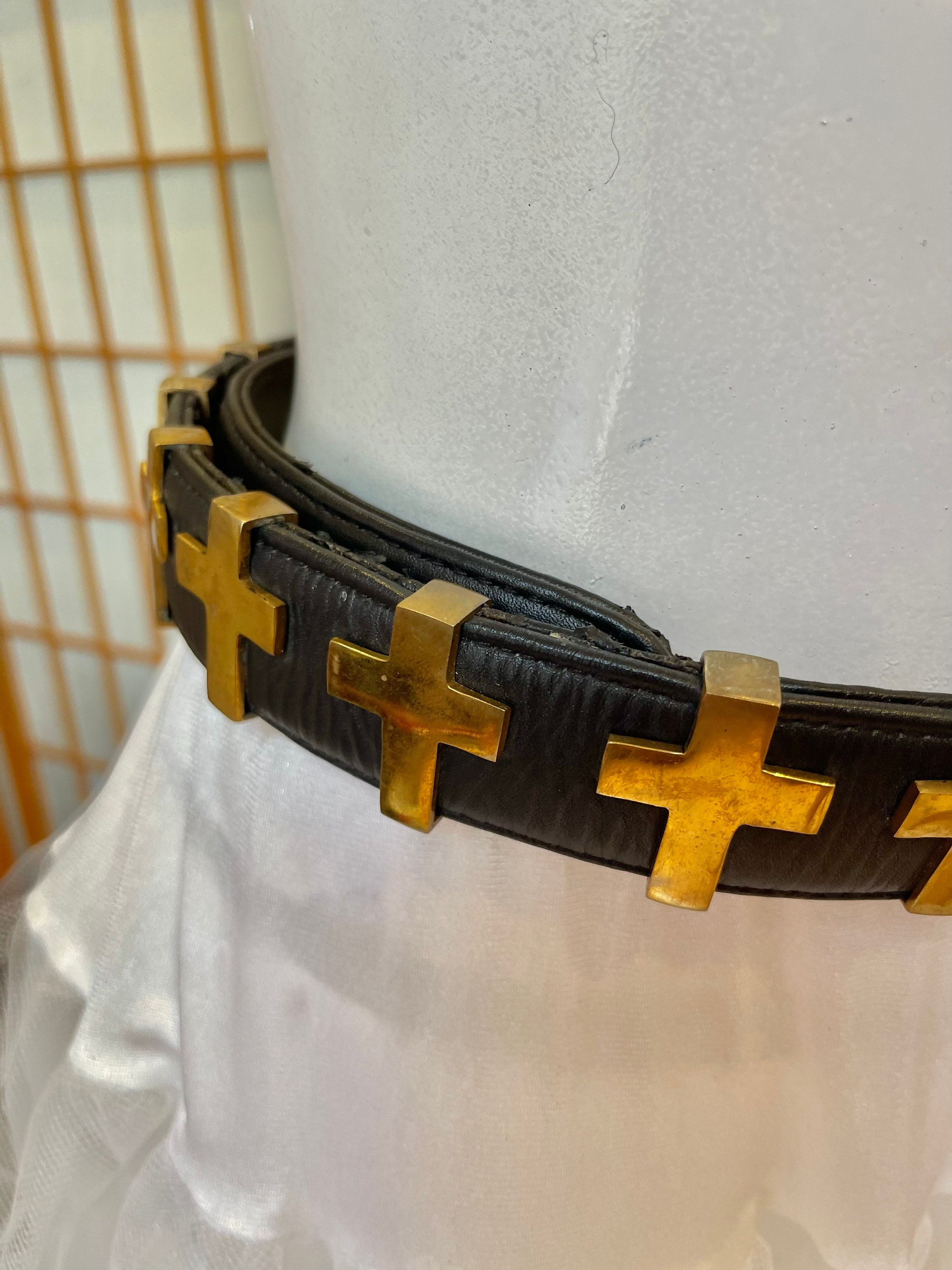 1990s Gold Crosses Belt Black Leather Belt Well Made Solid Weight Goth ...