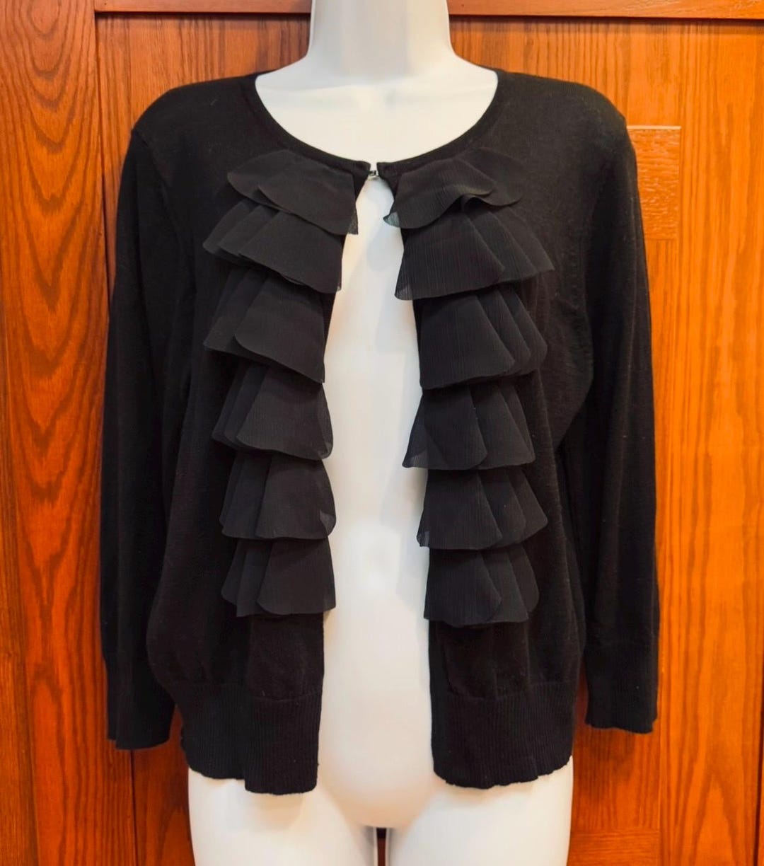 Waterfall Ruffles Panel Beautiful Black Cardigan Top Hook Closure ...