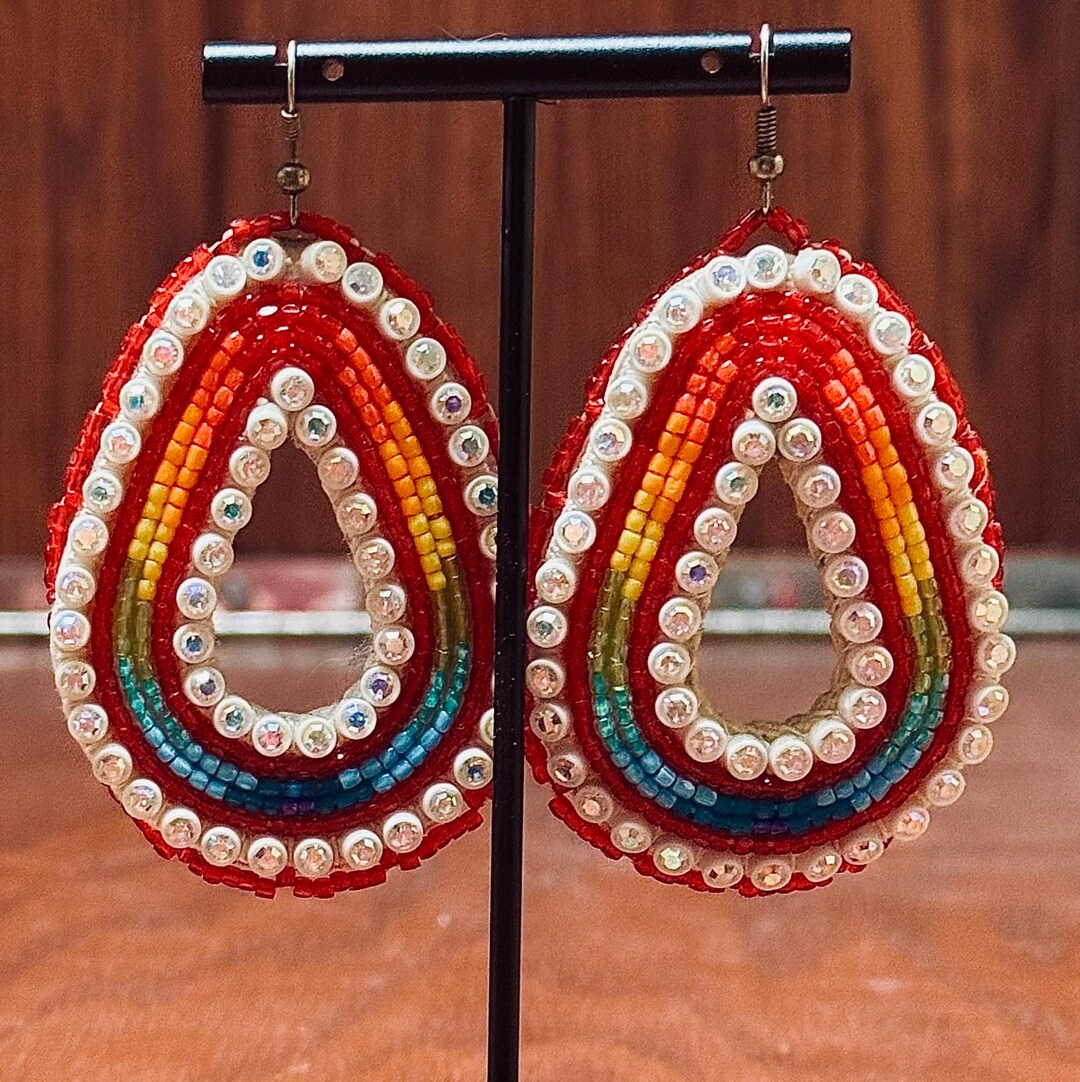 RARE Handbeaded Native American Sparkly Large Rainbow Teardrop Earrings ...