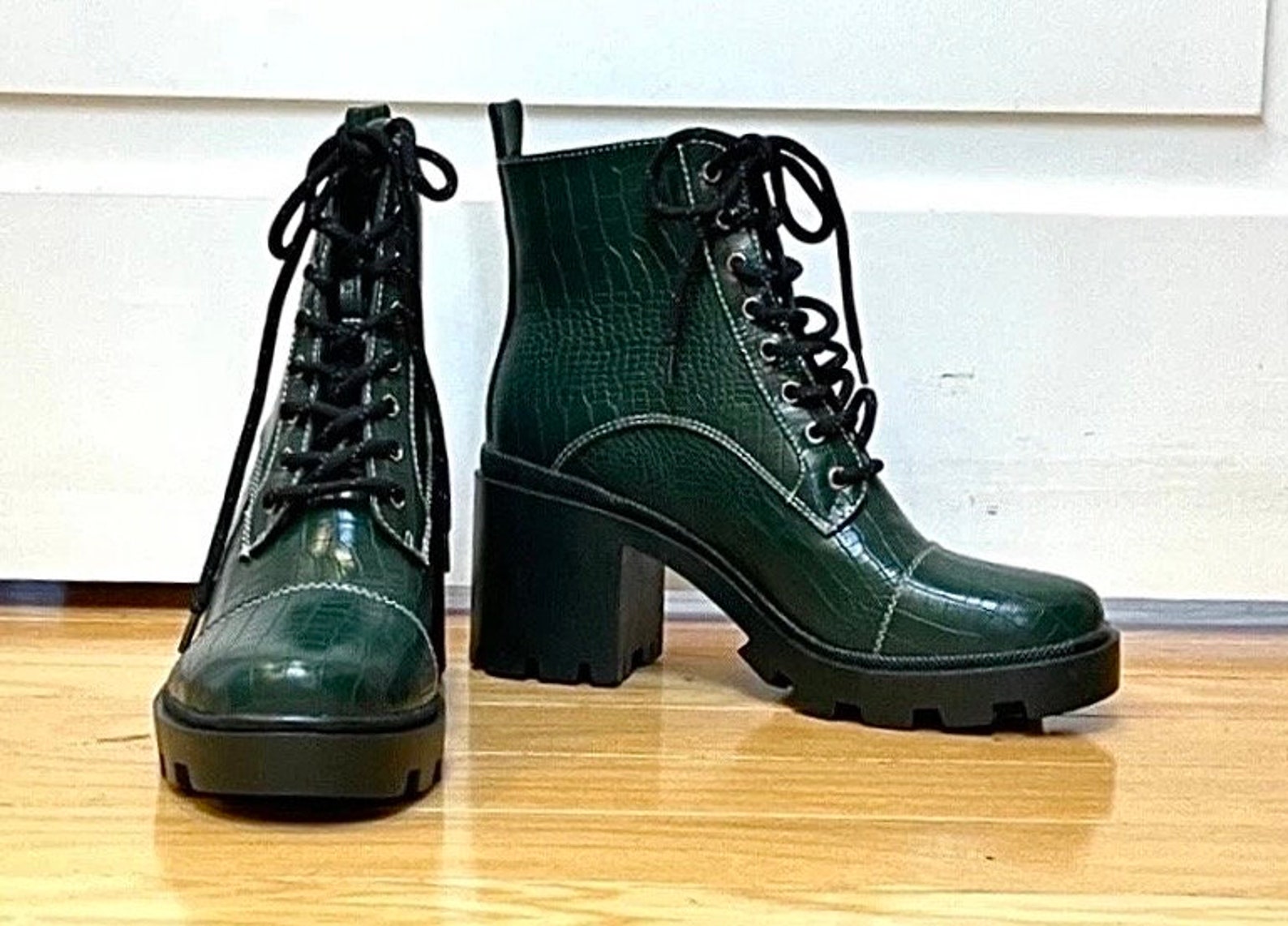 Forest Green Faux Leather Club Boots Combat Boots Style Black Thick ...