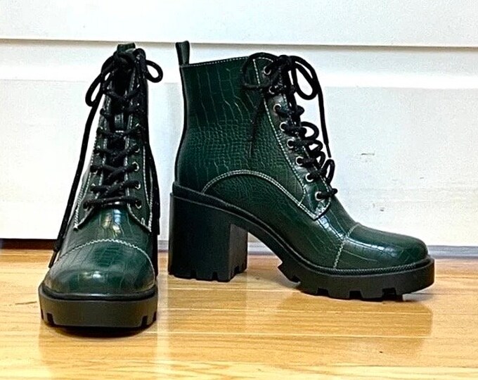Forest Green Faux Leather Club Boots Combat Boots Style Black Thick ...