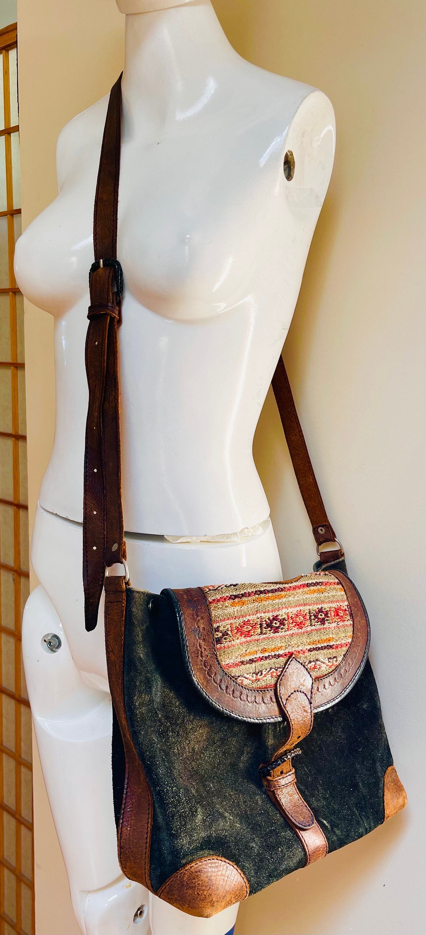 60s Suede Leather & Woven Fabric Bohemian Hippie Satchel Style Purse ...