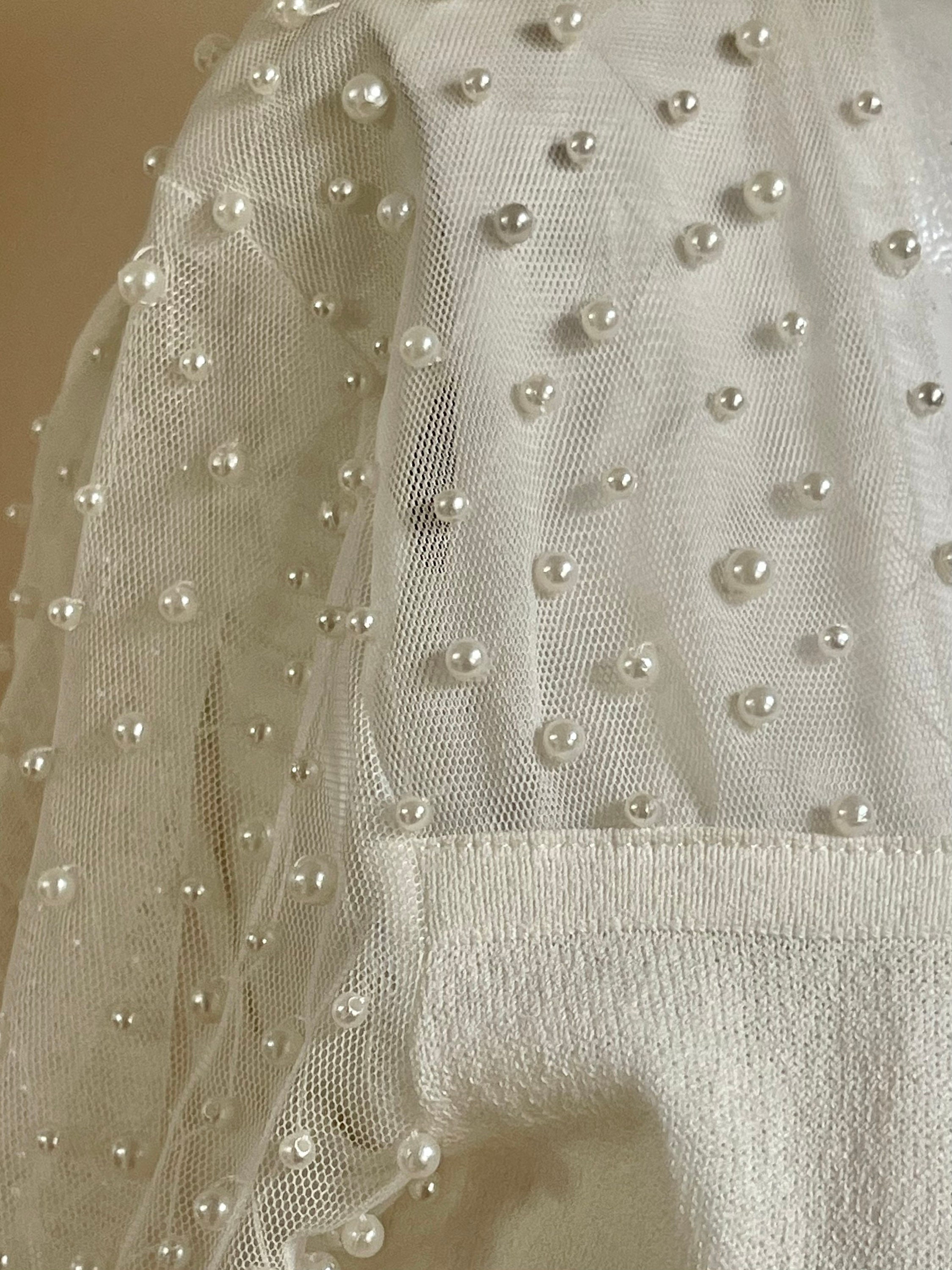 Pearl Embellished White Knit Pullover & Sheer Mesh Netting Party Top ...