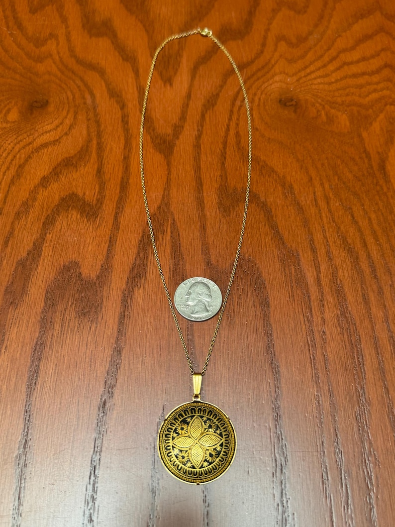1970s Spanish Damascene Medallion Gold & Black Enamel Floral Engraved ...