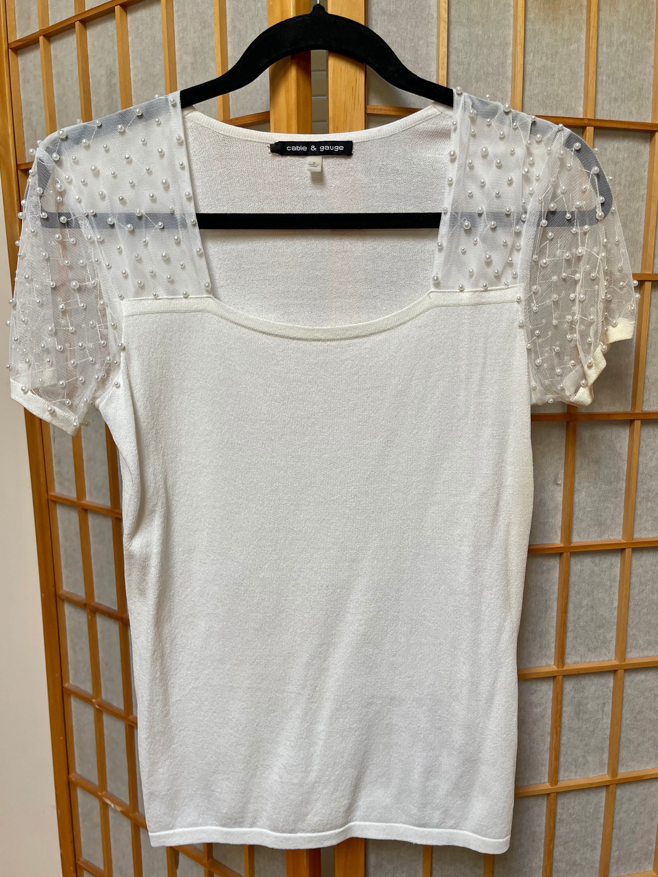Pearl Embellished White Knit Pullover & Sheer Mesh Netting Party Top ...