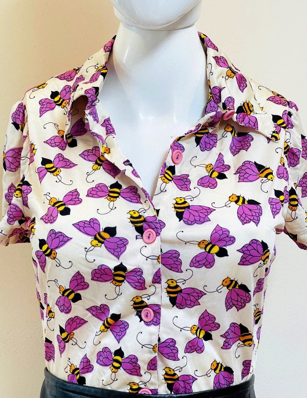 1970s Cute Bumble Bees Button Collared Short Sleeve Shirt AOP All Over Print Purple & Yellow ...