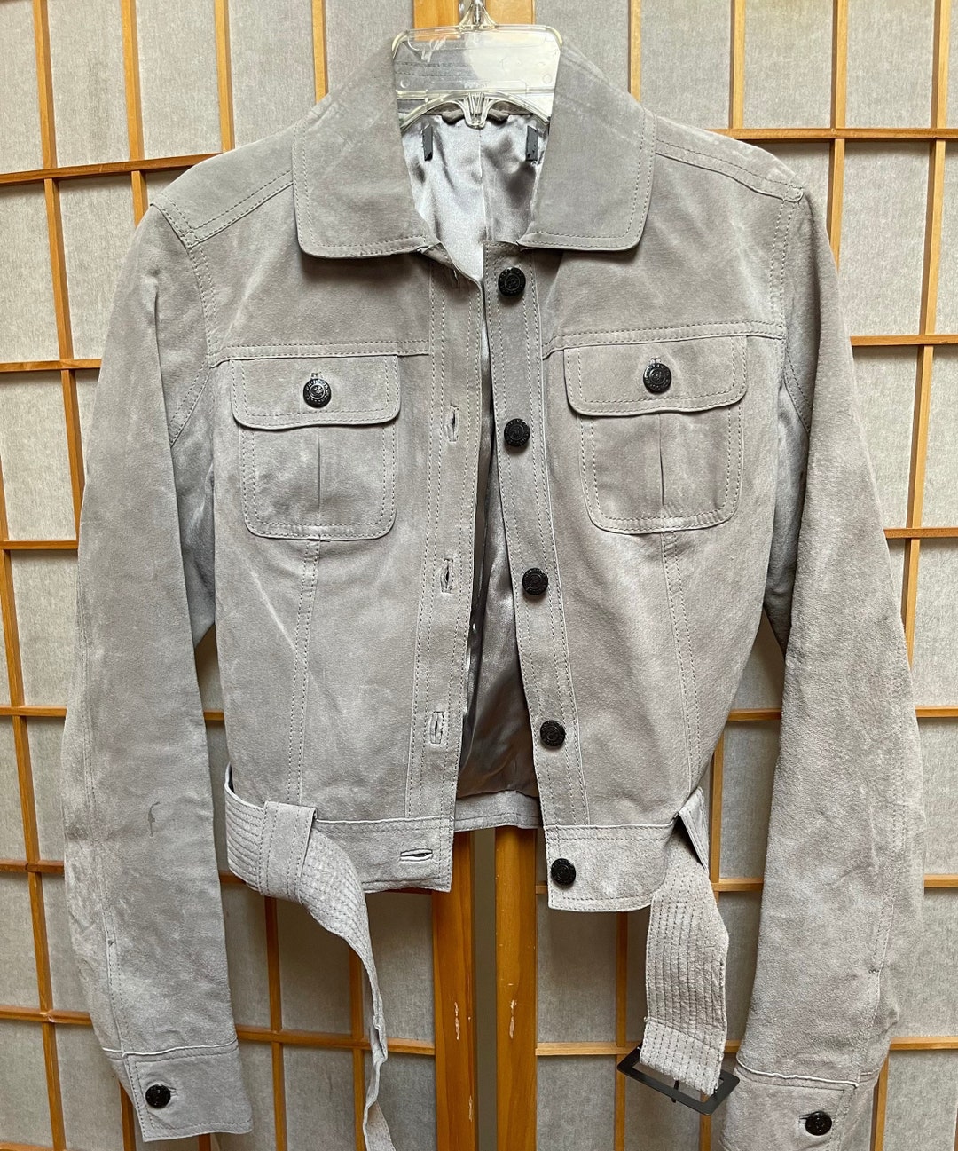 Dove Grey Suede Jean Jacket Moto Jacket NWOT Waist Belt Pockets Super ...