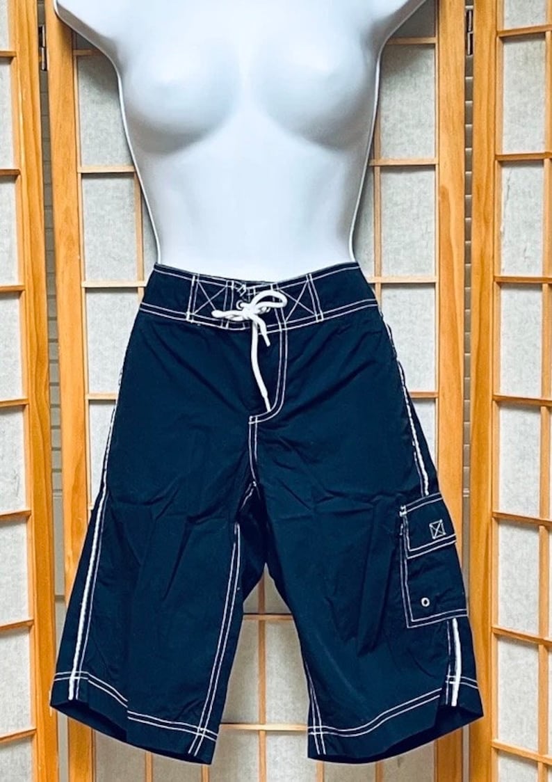 90s J. Crew Navy Blue Swim Trunks / Board Shorts Cargo Side Pocket ...