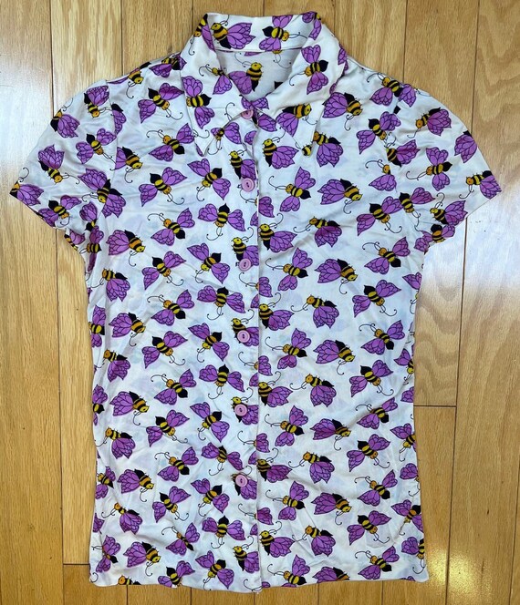 1970s Cute Bumble Bees Button Collared Short Sleeve S… - Gem