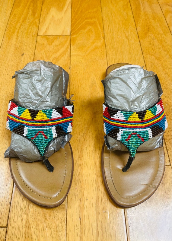 African Handmade Leather Thong Sandals Hand Beaded Mu… - Gem
