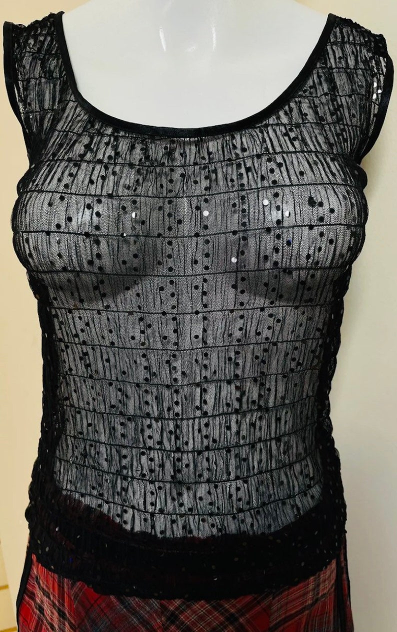 Mesh & Sequins Sheer Net Netting Pullover Top Sleeveless Top Wide Scoop ...