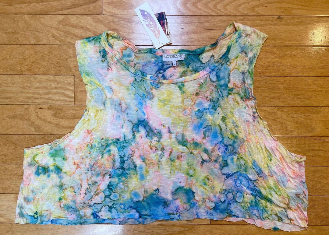 Pretty 70s Watercolor Pastel Tie Dye Pink Yellow Blue Top Deadstock New ...