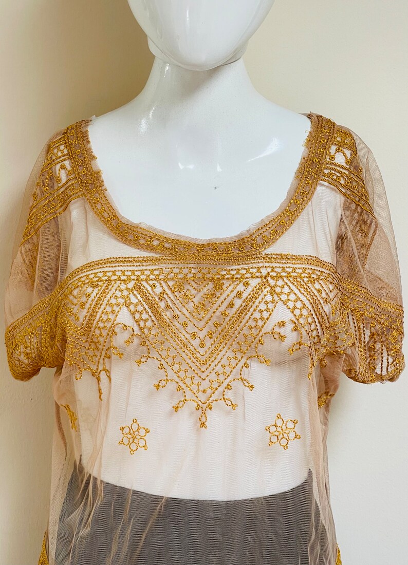 Victorian / Edwardian Style Handmade Gold Embroidered Sheer Netting ...