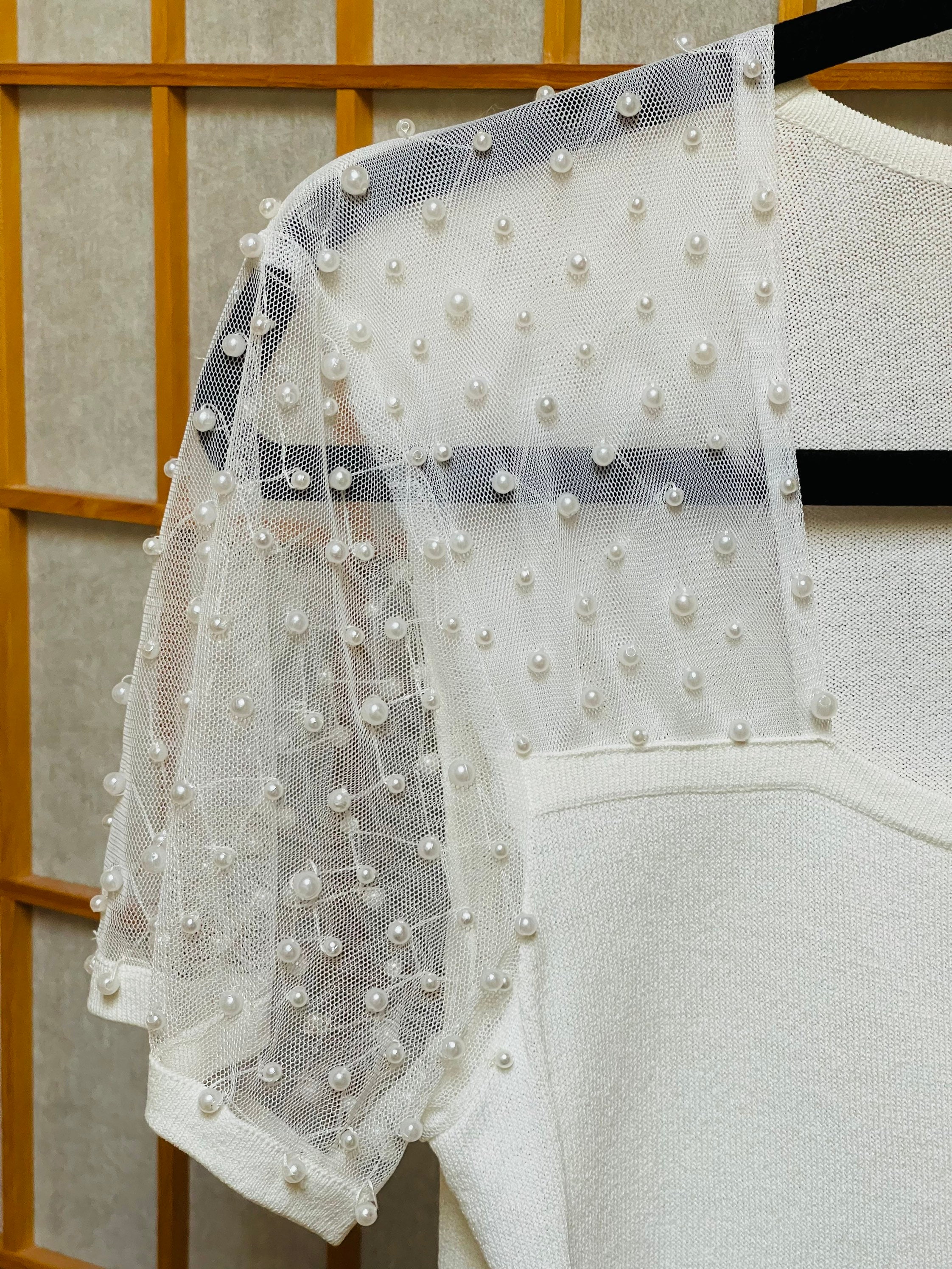 Pearl Embellished White Knit Pullover & Sheer Mesh Netting Party Top ...