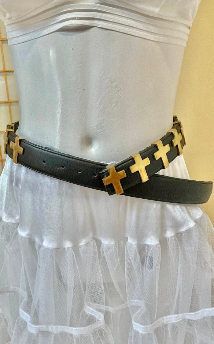 1990s Gold Crosses Belt Black Leather Belt Well Made Solid Weight Goth ...