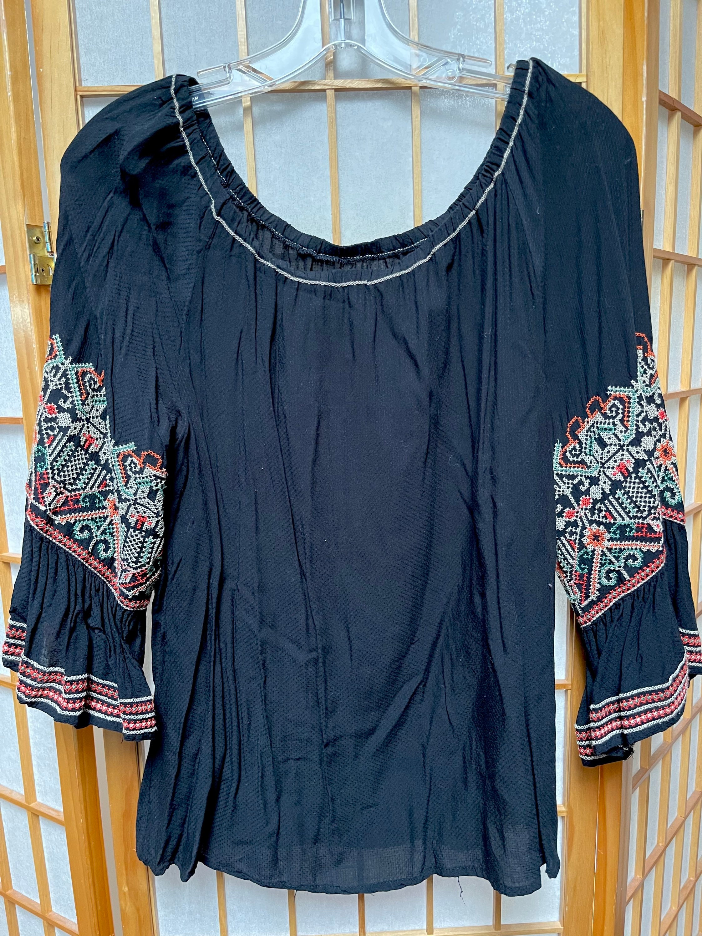 70s Black Peasant Blouse Hand Embroidered Folk Pattern Embroidery Boat ...