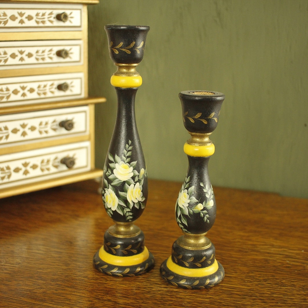 Vintage Wood Hand Painted Floral Black and Yellow Candlesticks - Etsy