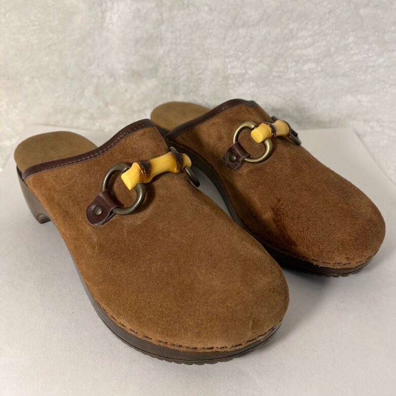 Luisa Dorio-70s Vintage, Brown, Leather Suede, Bamboo Bit, Clogs. Size ...