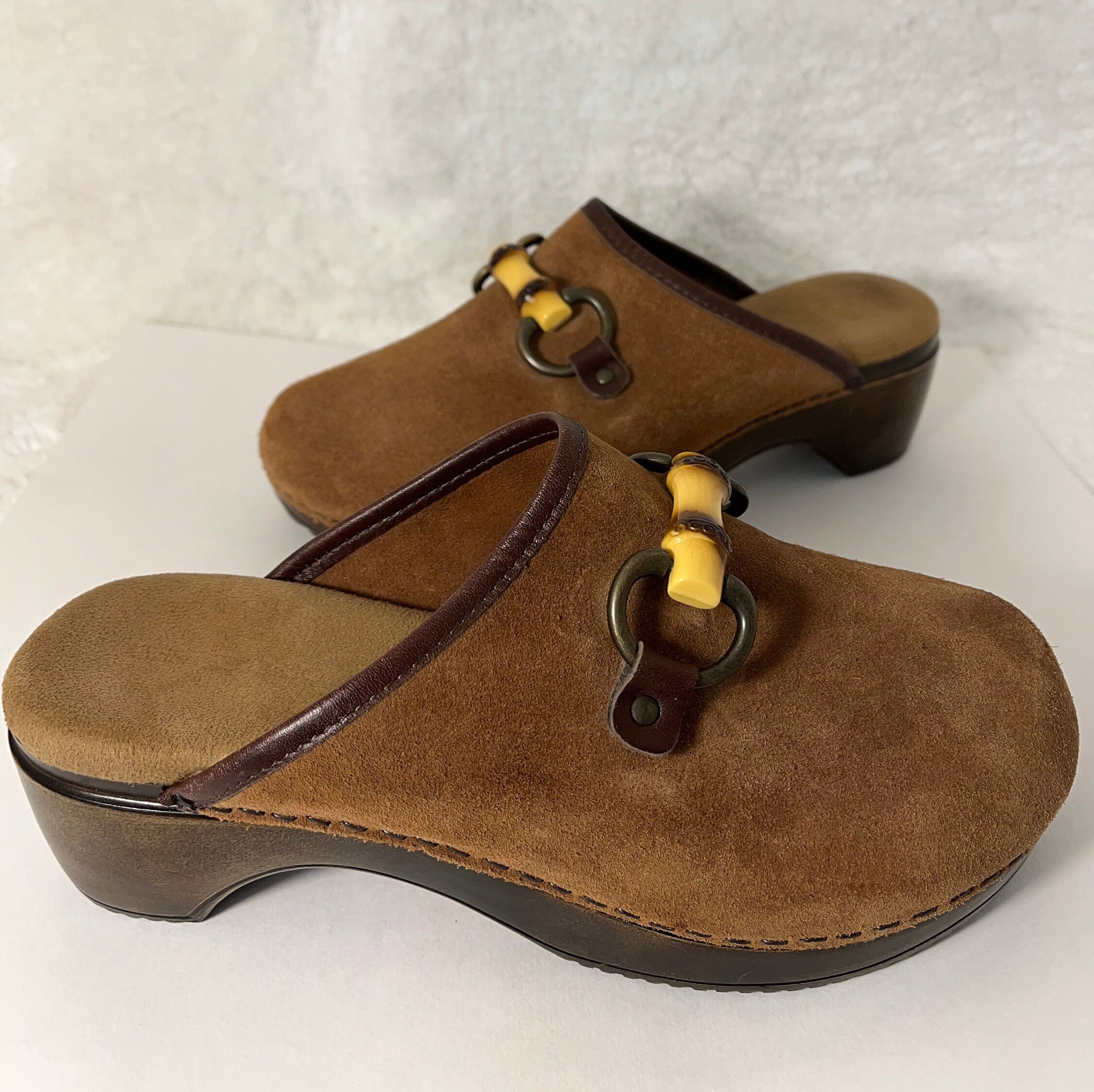 Luisa Dorio-70s Vintage, Brown, Leather Suede, Bamboo Bit, Clogs. Size ...