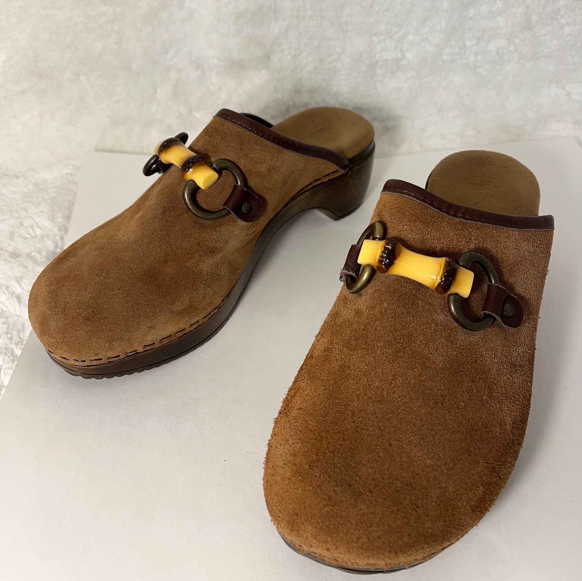 Luisa Dorio-70s Vintage, Brown, Leather Suede, Bamboo Bit, Clogs. Size ...