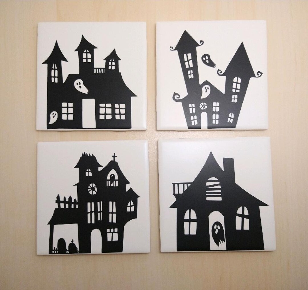 Ceramic Tile Coasters Halloween Theme Haunted House Design Set - Etsy