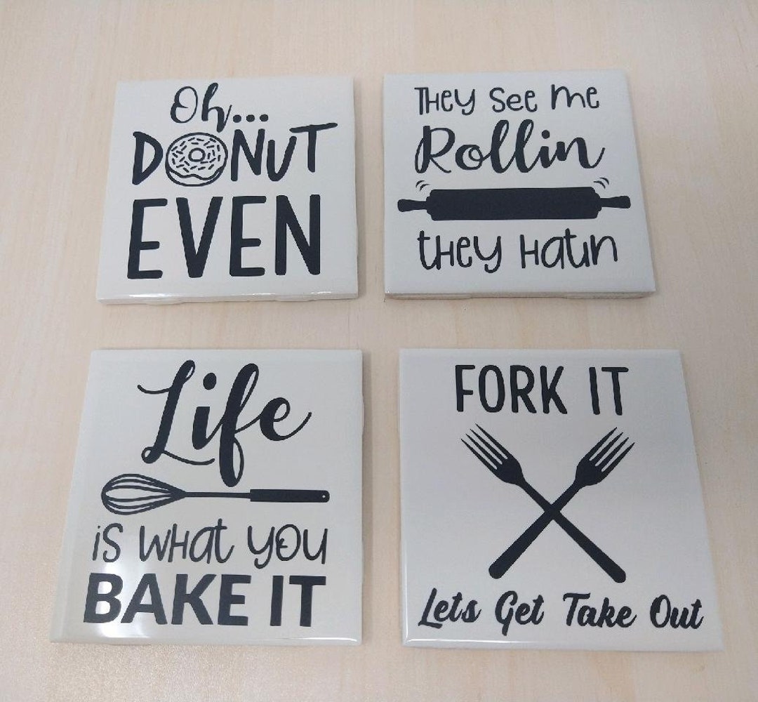 Set of 4 Funny Kitchen Pun Ceramic Tile Coasters With Cork Back - Etsy