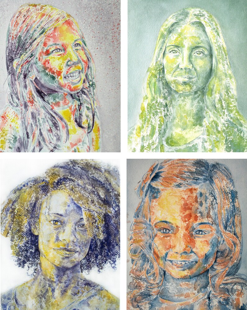 Custom Hand Painted Watercolor Portrait Triadic Colors Loose Watercolor ...