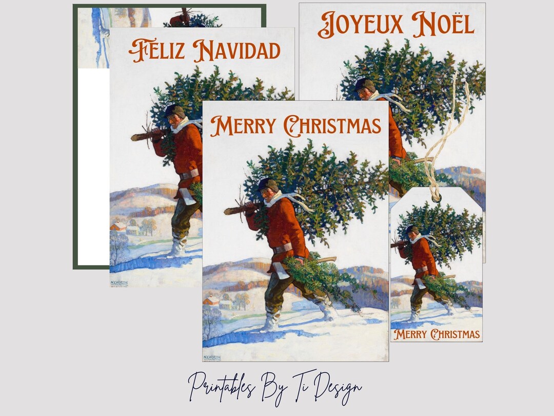 Vintage Art Christmas Card Set, N C Wyeth, English French Spanish ...
