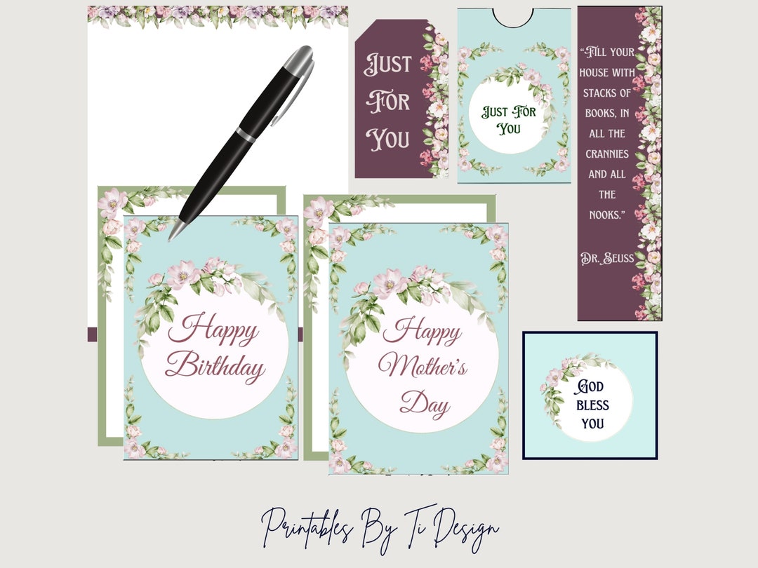 Mother's Day Printable Stationery Set and Card, Pink Rose Birthday Card ...