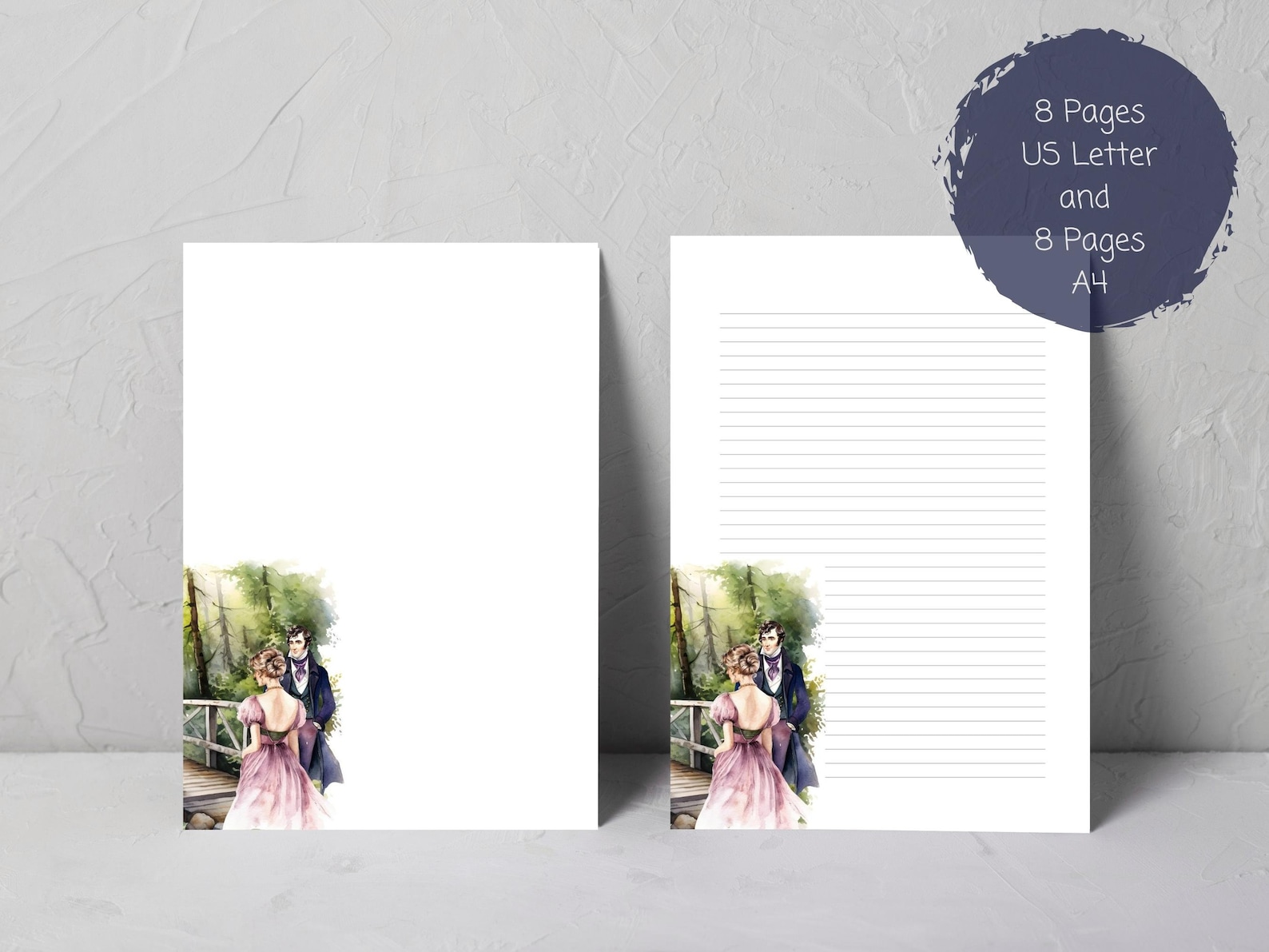 Romantic Couples Writing Paper Set, Printable Lined Regency Inspired ...