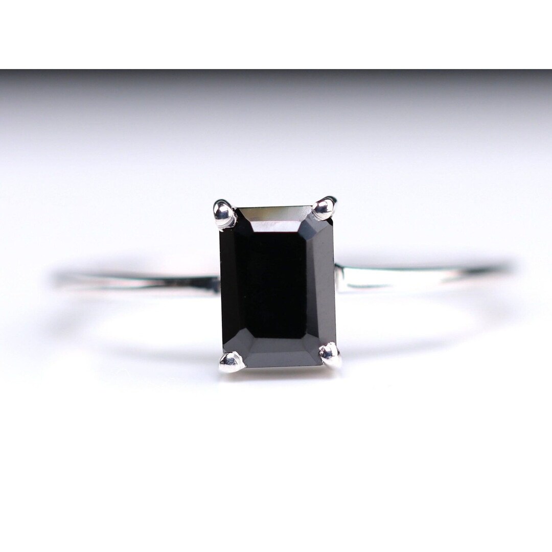 Black Spinel Sterling Silver Ring - 5x7mm Emerald Cut Crystal Ring ...