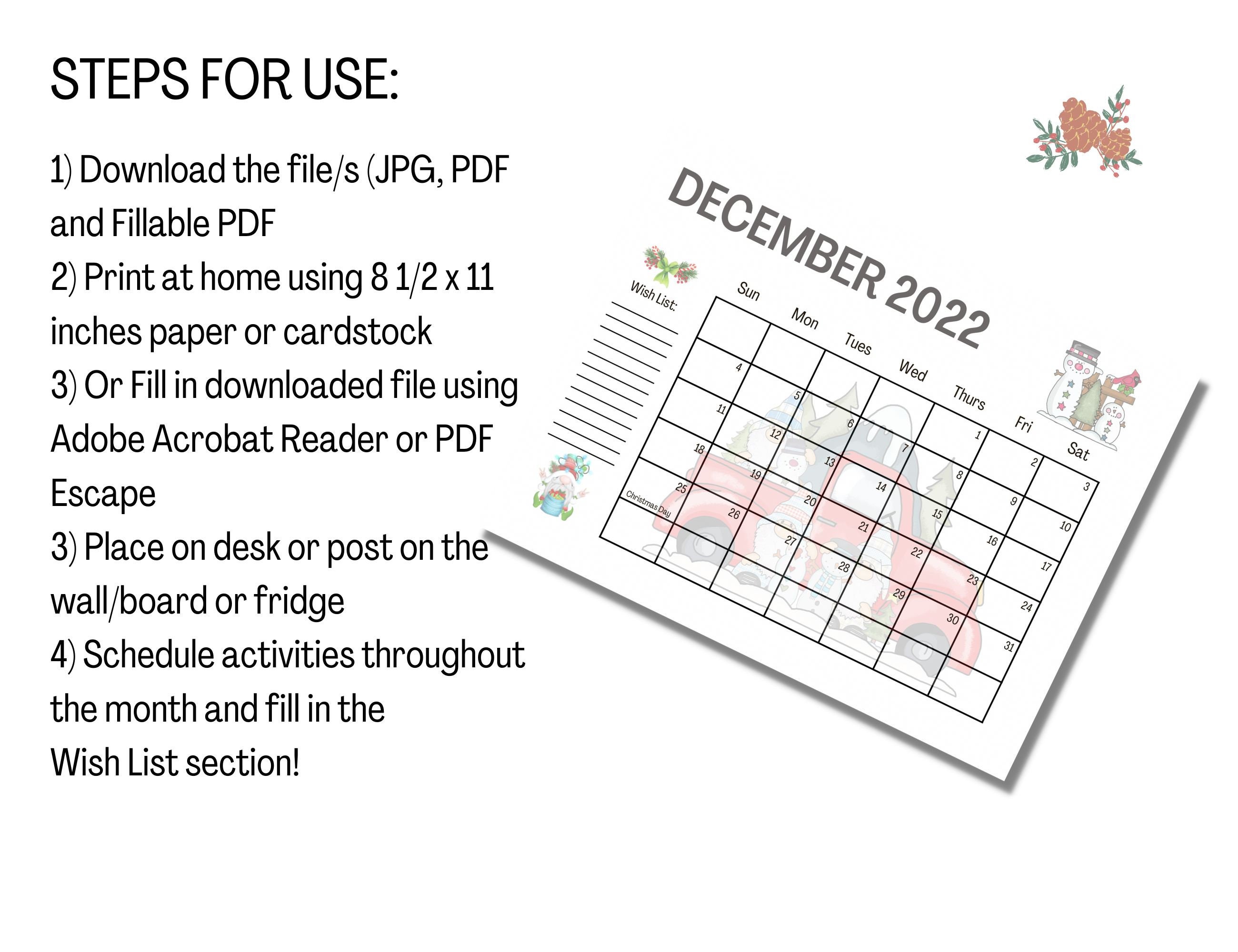 December 2022 Holiday Printable Calendar With Fillable Wish List for ...