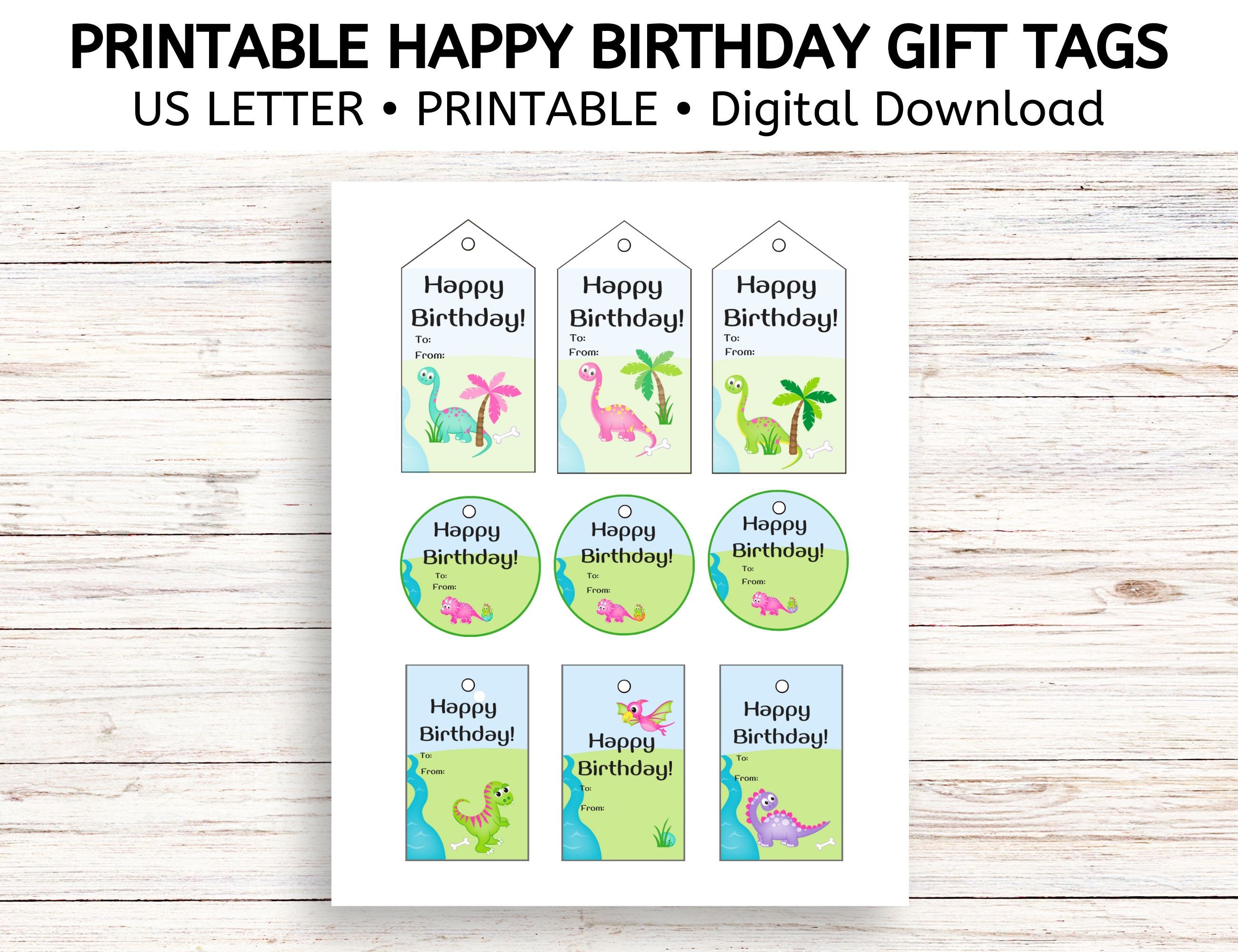 Printable Birthday Gift Tags for Kids, Printable Dinosaur Theme Gift ...