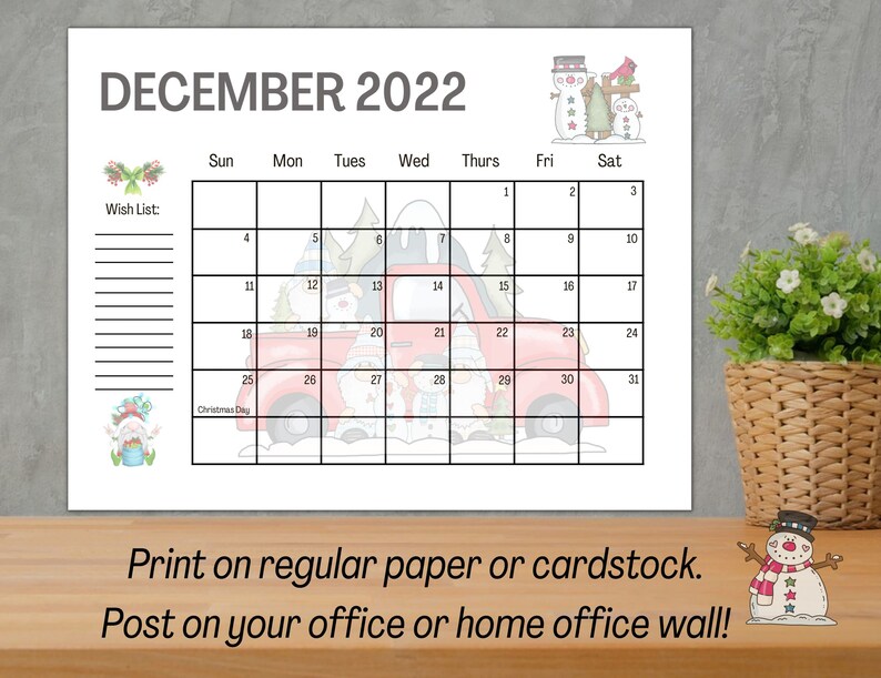 December 2022 Holiday Printable Calendar With Fillable Wish List for ...