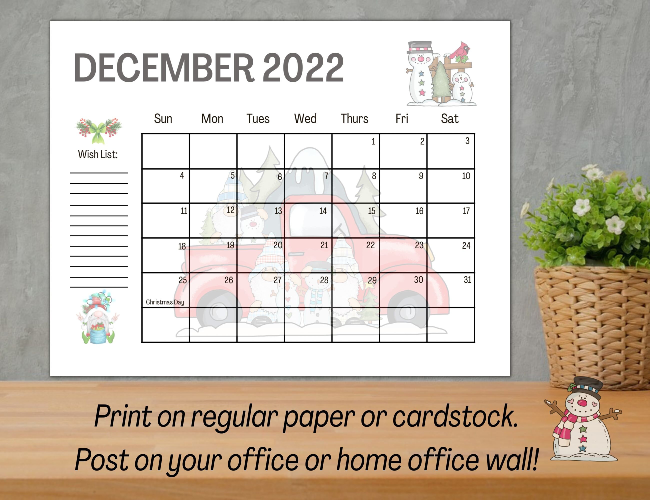 December 2022 Holiday Printable Calendar With Fillable Wish List for ...