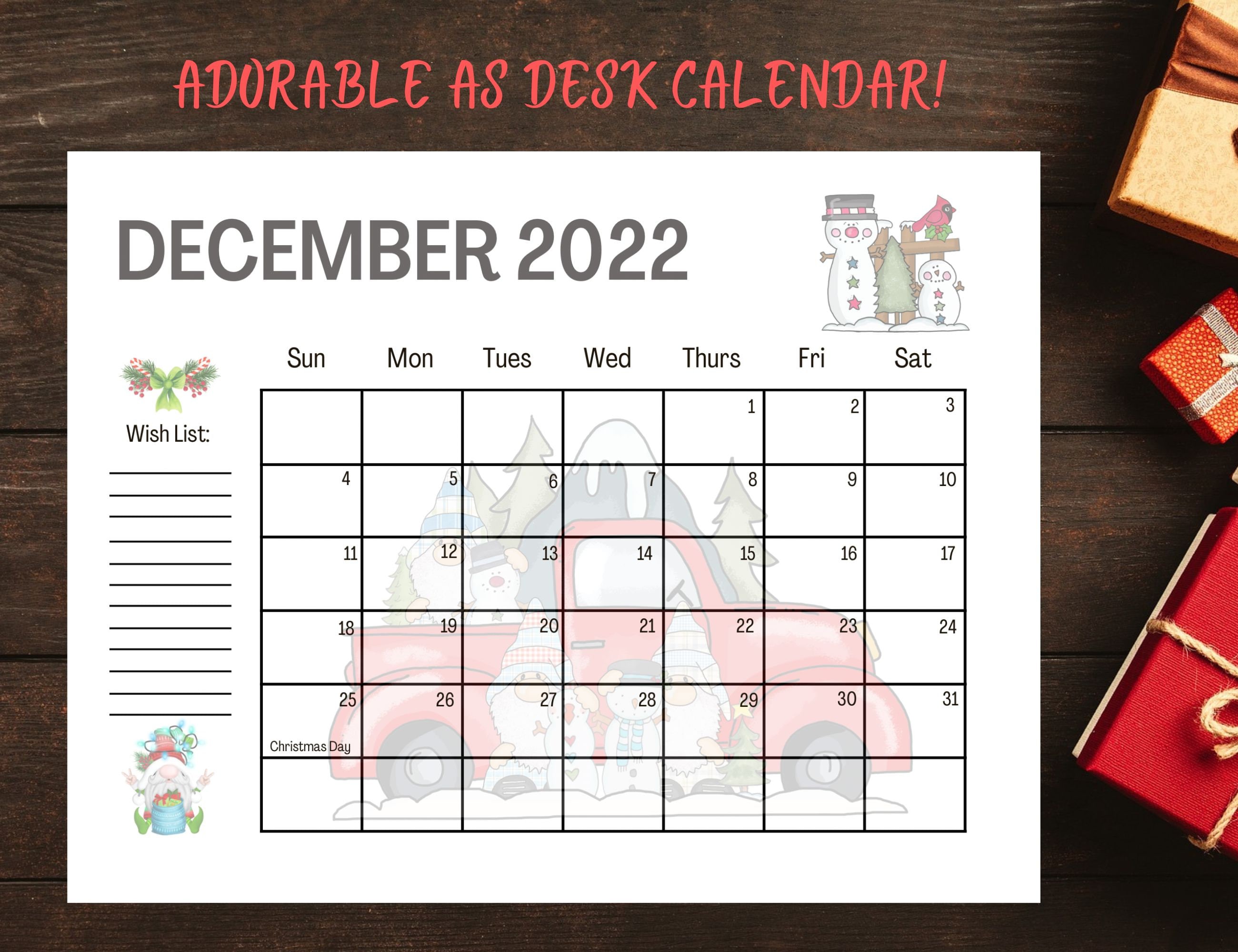 December 2022 Holiday Printable Calendar With Fillable Wish List for ...