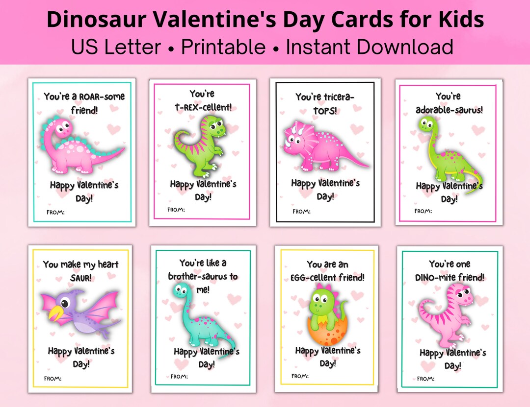 Printable Dinosaur Valentine's Day Cards for Kids; Printable Valentine ...