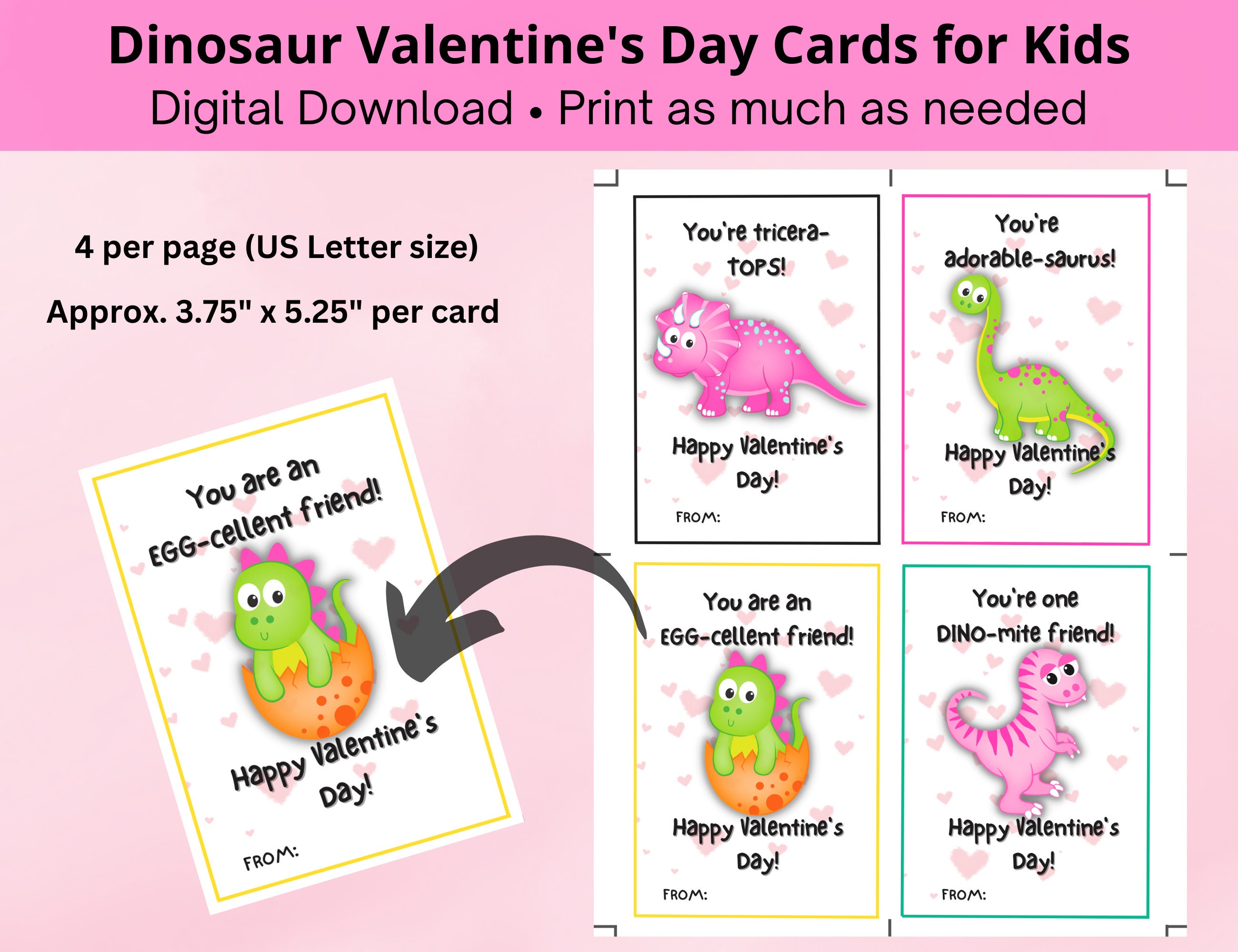 Printable Dinosaur Valentine's Day Cards for Kids; Printable Valentine ...