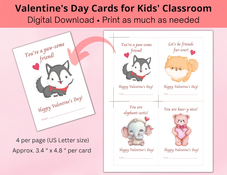 Printable Animal Valentine's Day Cards for Kids; Cute Animal Valentine ...