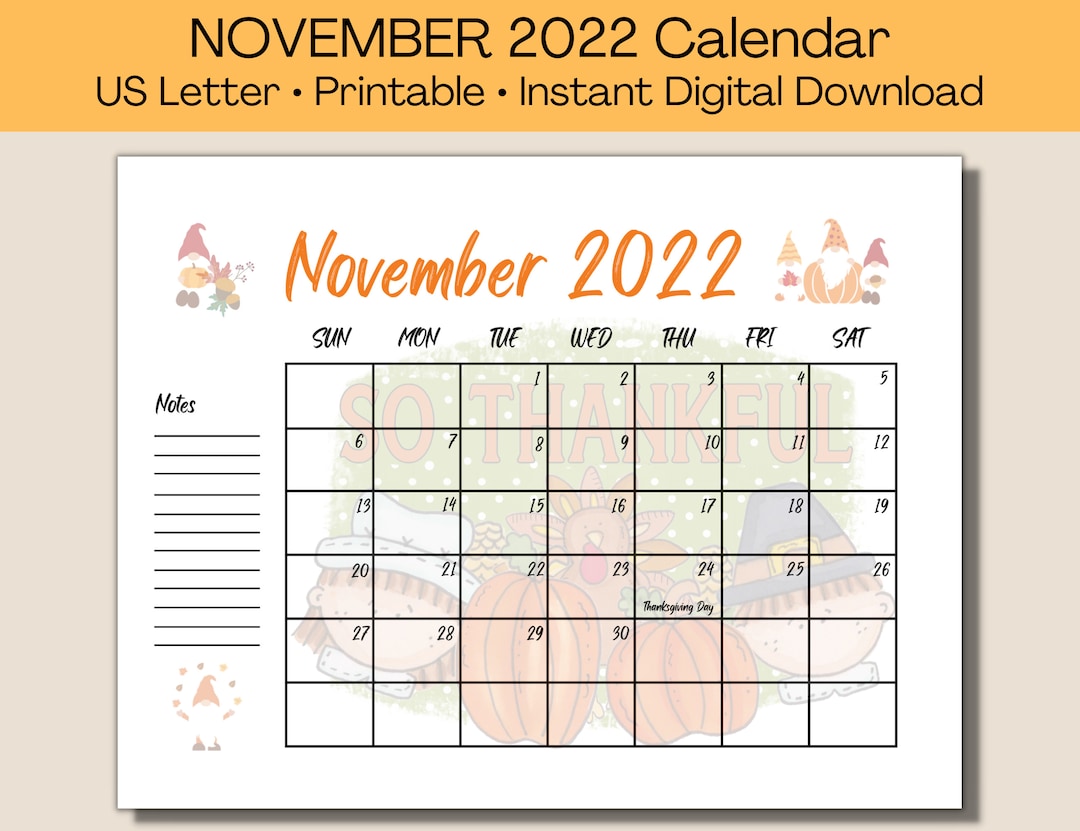 Thankful Theme November 2022 Calendar; Thanksgiving Theme November 2022 ...
