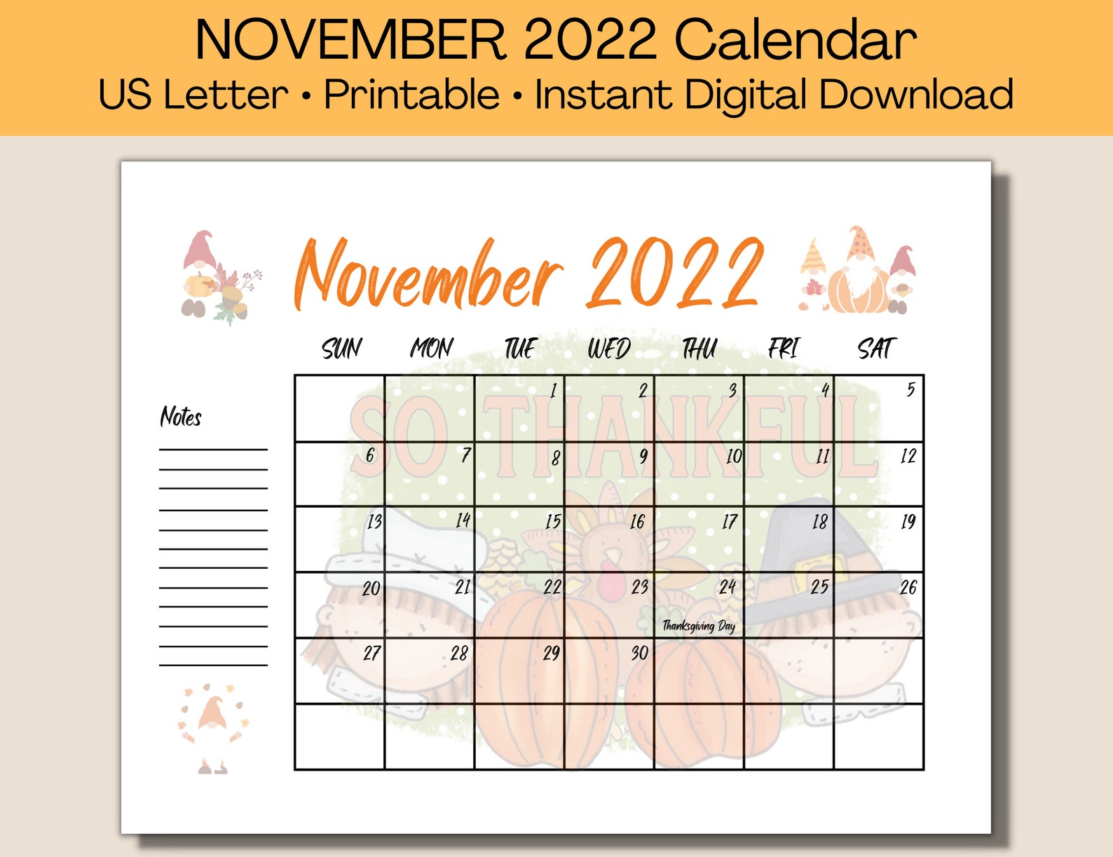 Thankful Theme November 2022 Calendar; Thanksgiving Theme November 2022 ...